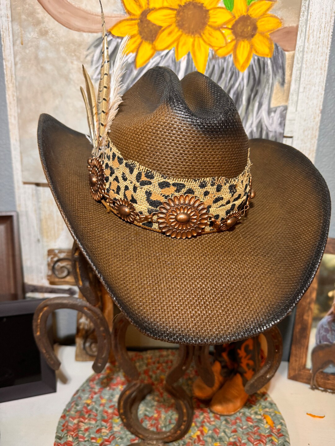 Custom Tuff Straw Hat Adding Leopard Print and a Hatband With Bronze ...