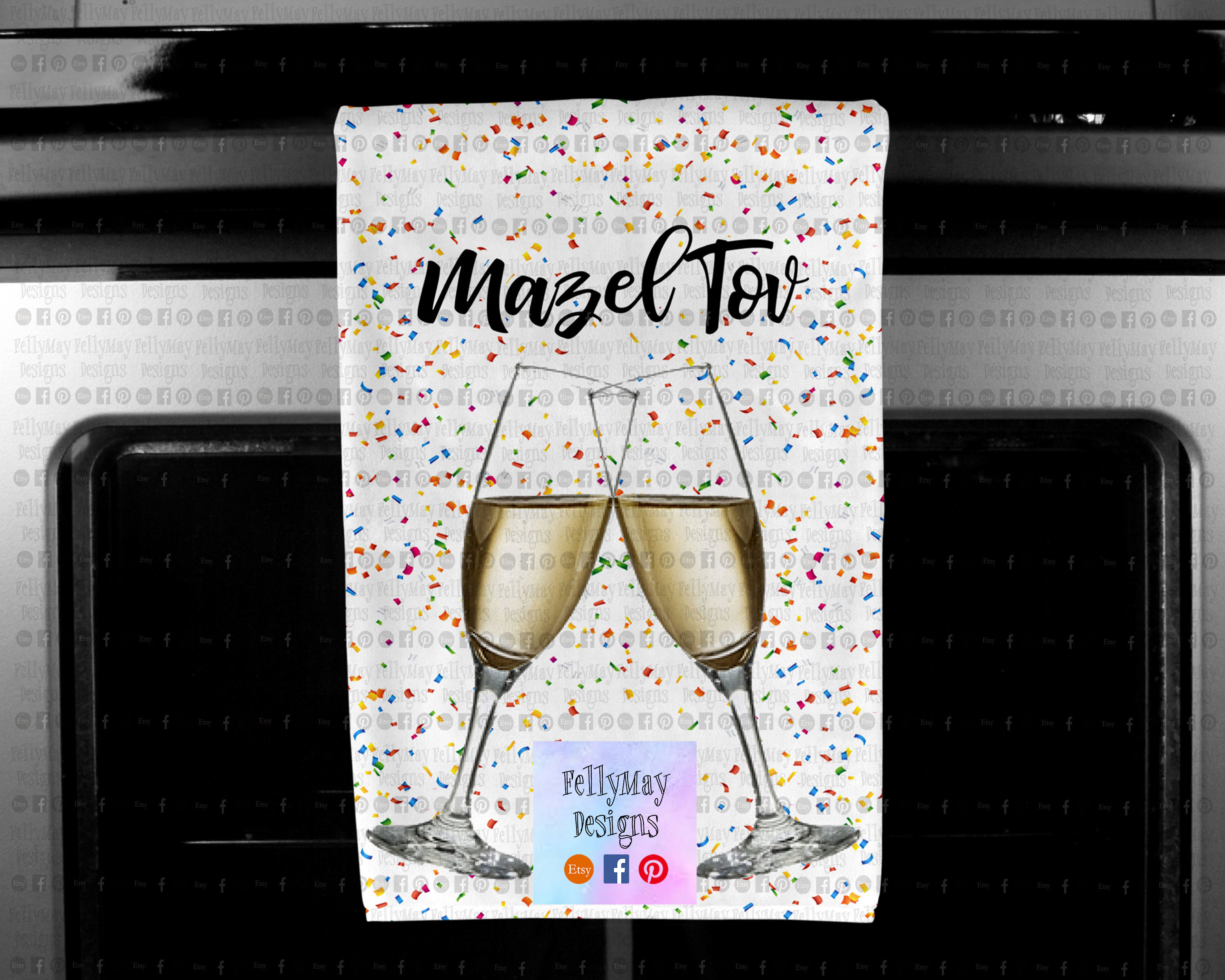 Hand Towel Mazel Tov With Champagne Glasses Confetti Background DIGITAL ...