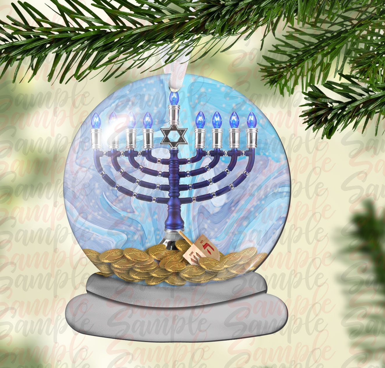 Menorah Snow Globe Ornament With Dreidel and Gelt Blue Background ...
