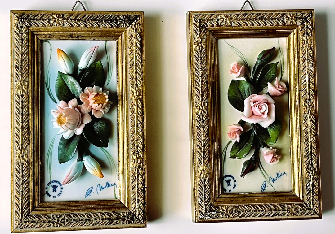 Capodimonte 3D Framed Flowers Pair of Signed Visconti Mollica Made in Italy Porcelain Flowers ...