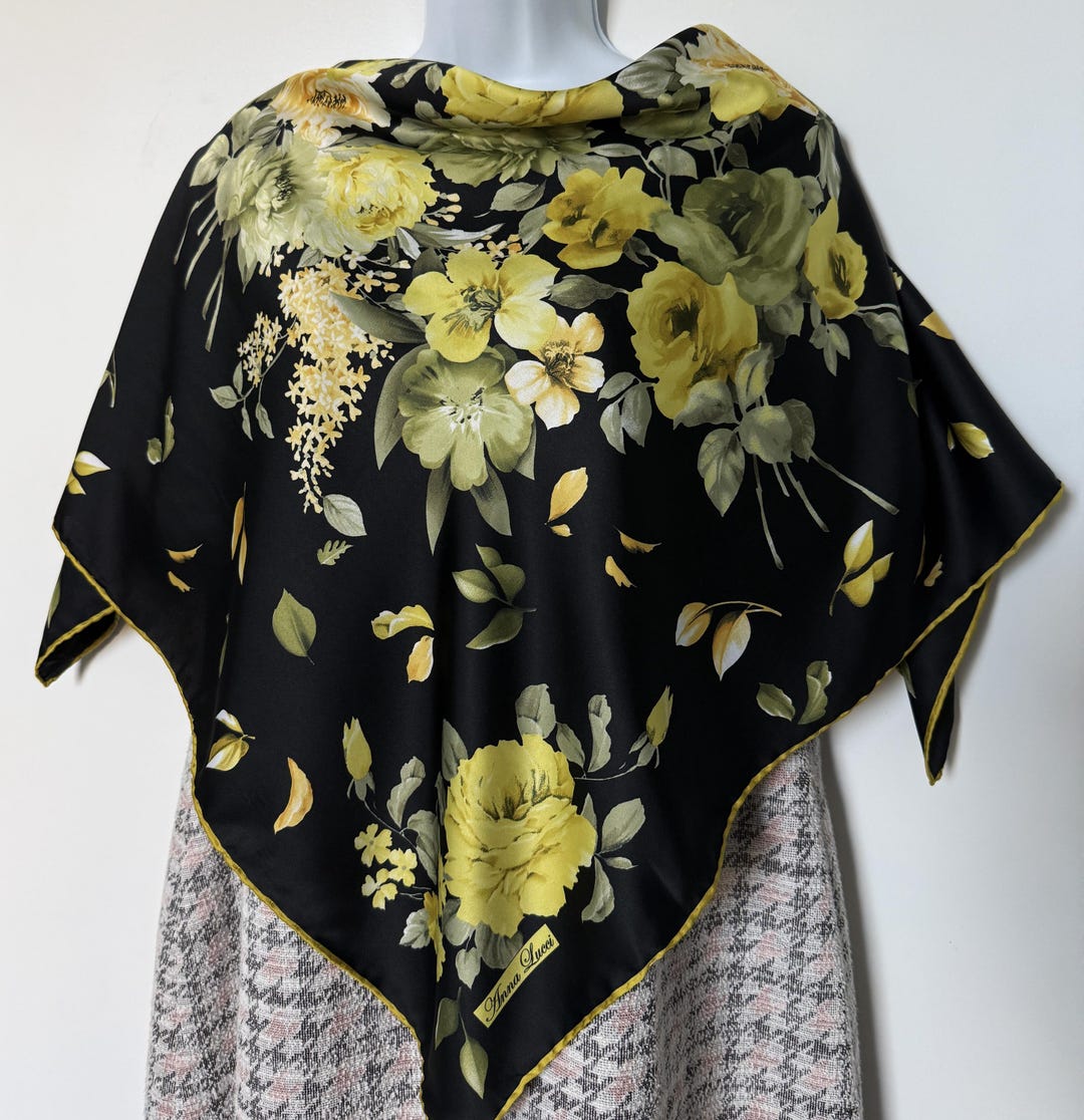 ANNA GUCCI Scarf Vintage Women's Scarf Black Yellow Floral Atlas Hand ...