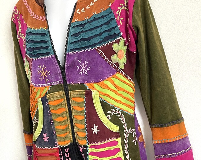 BARES Women's Hoodie Nepalese Hoodie Patchwork Multicolor Hippie Jacket ...