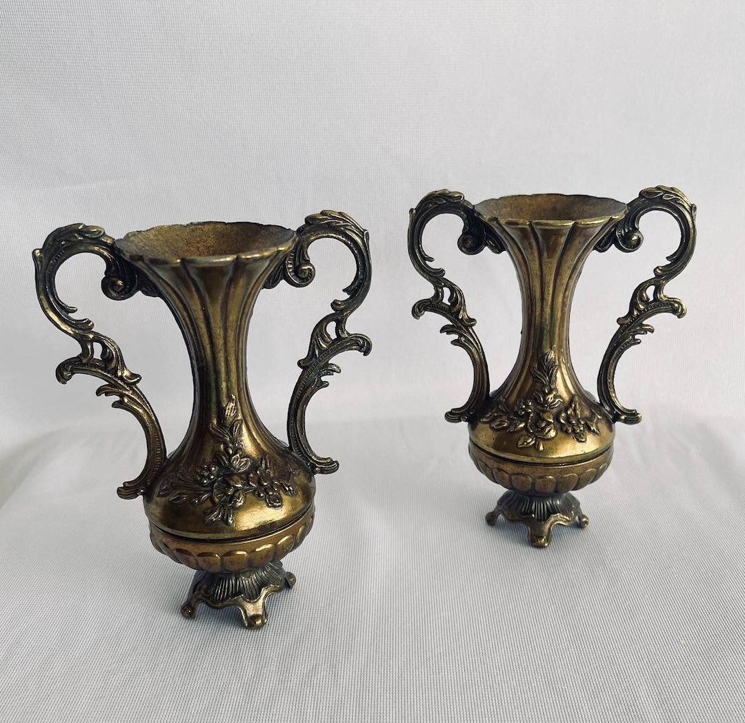 Lot of 2 Small Brass Vase Brass Floral Design Vase Double Handle Vase ...