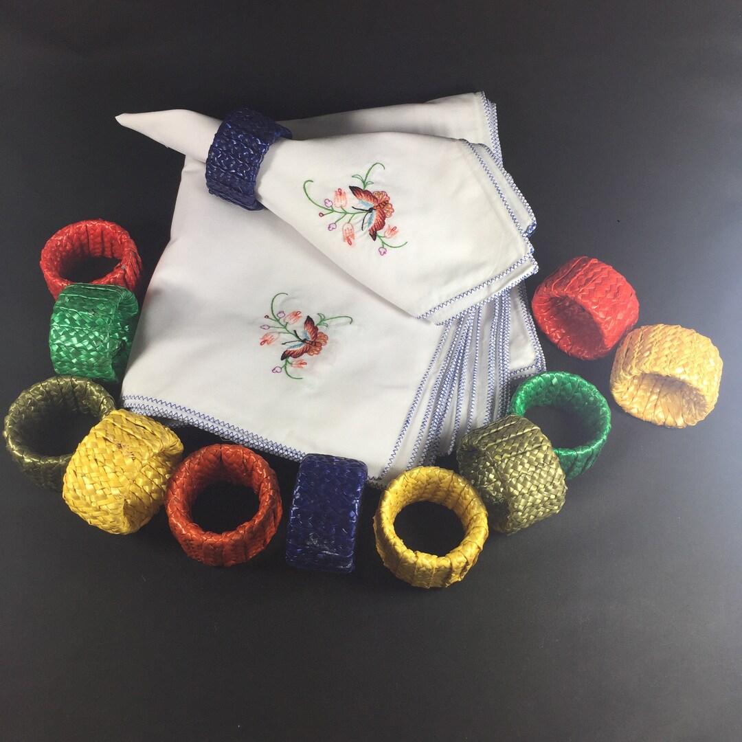 Set of 12 Napkins/12 Rings Hand Made Embroidery Napkins Straw Rainbow ...