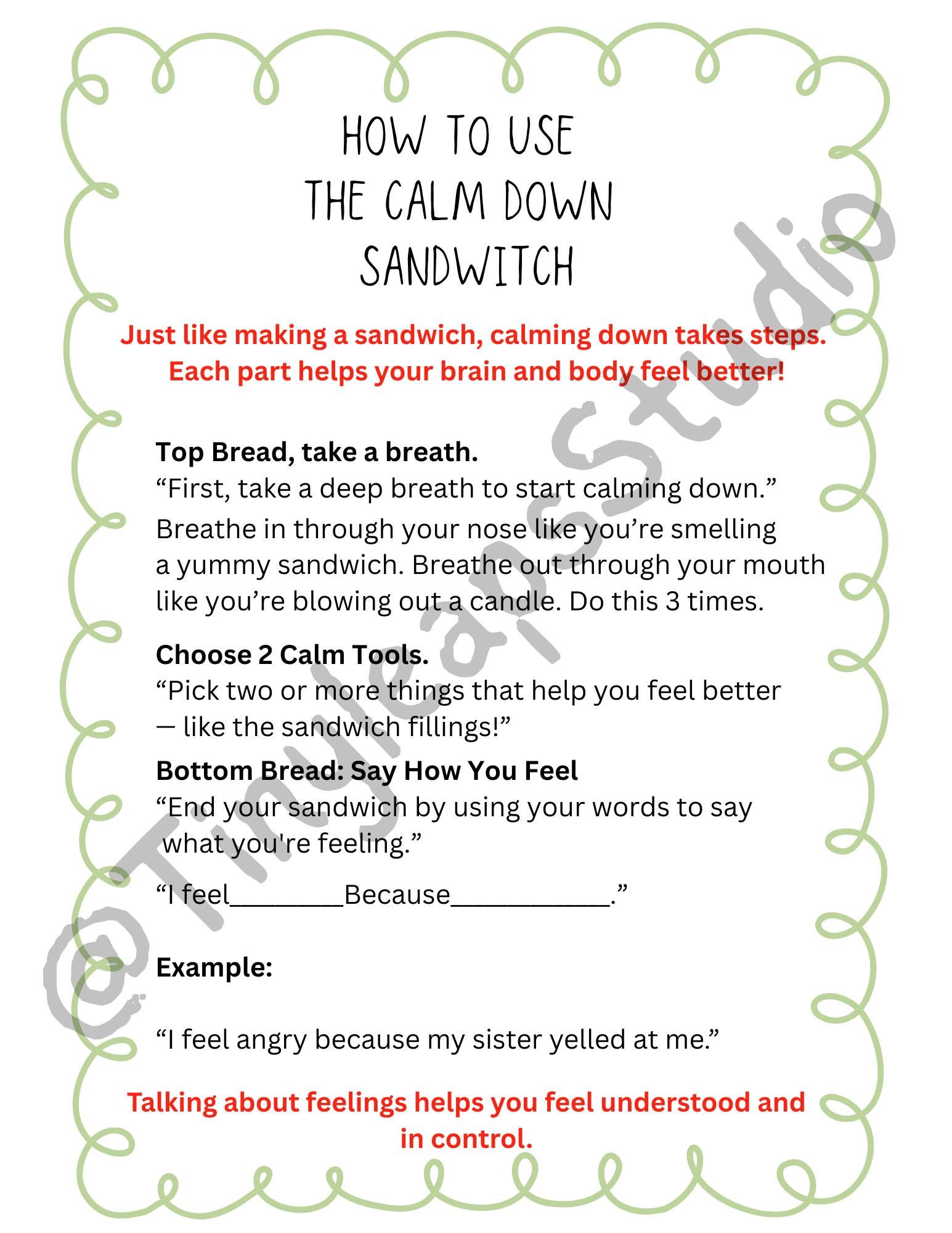 Calm Down Sandwich Worksheet for Kids – Emotional Regulation Printable ...