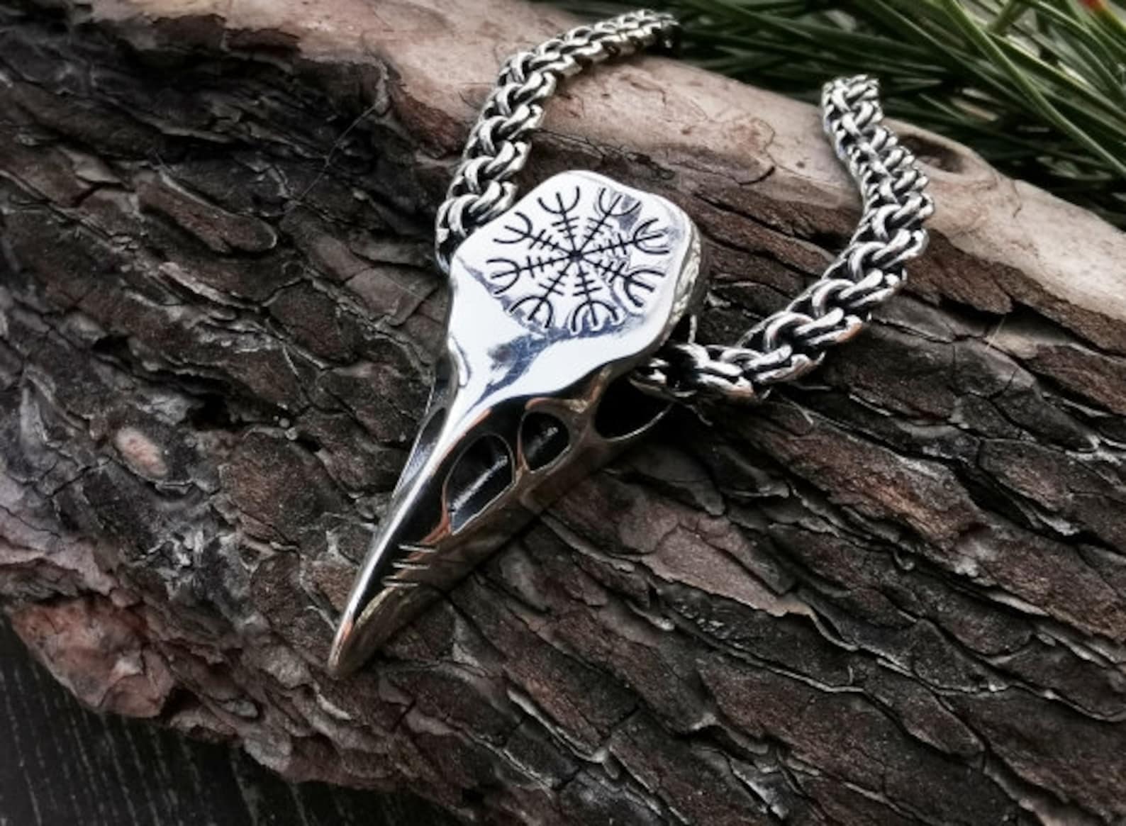 Silver Viking Raven Skull Necklace With Vegvisir, Helm of Awe, Compass ...