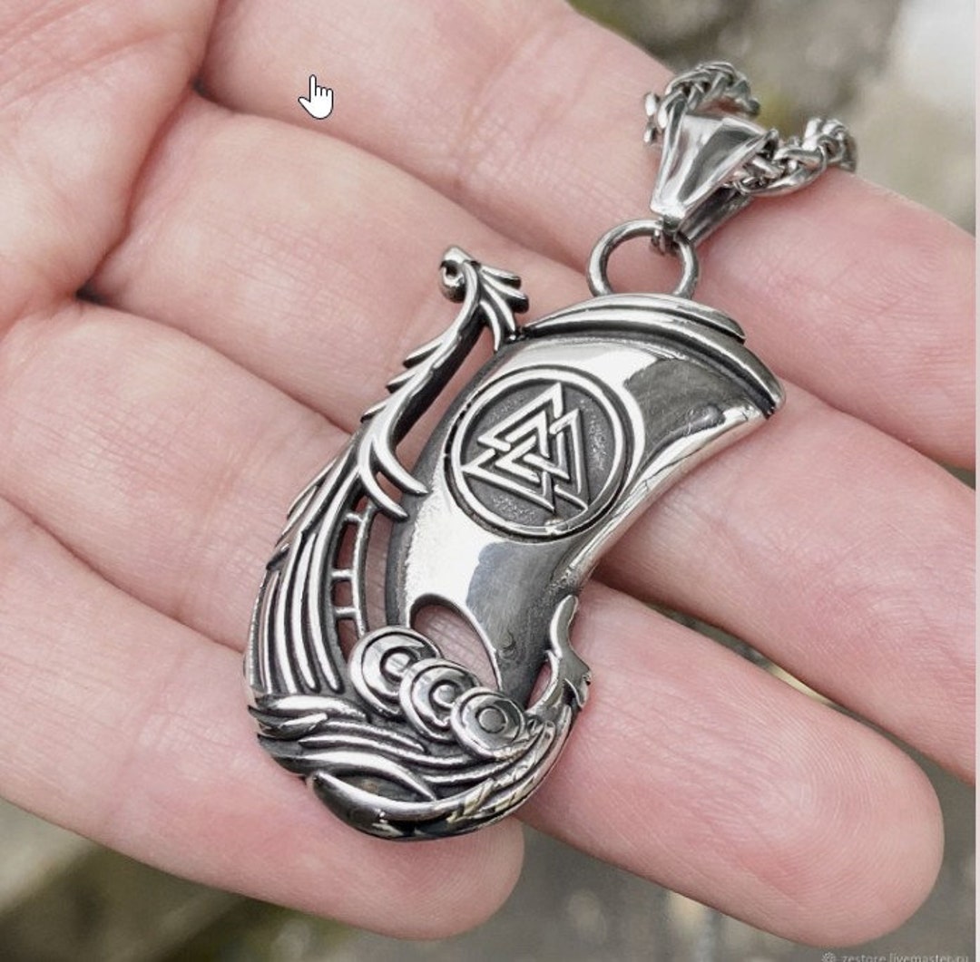 Viking Longship Sailboat Necklace With Head Dragons and Valknut Symbol ...