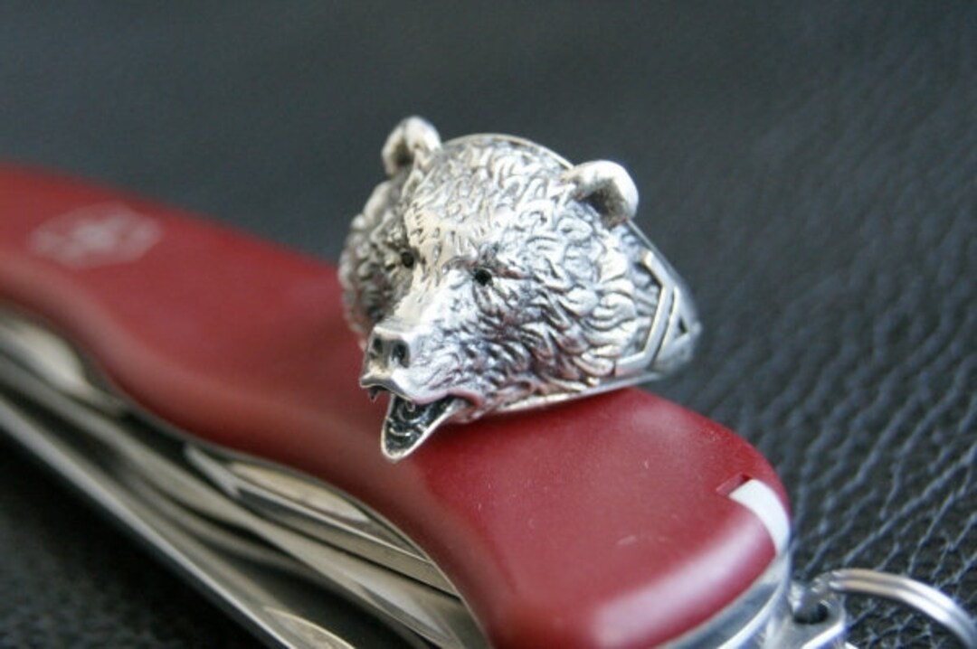 Silver Men Bear Ring, Oxidized Bear Ring, Bear Head Ring, Wild Bear ...
