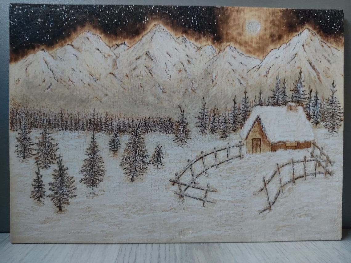 Mountain Cabin on a Winter's Night - Art on Wood / Pyrography / Wood ...