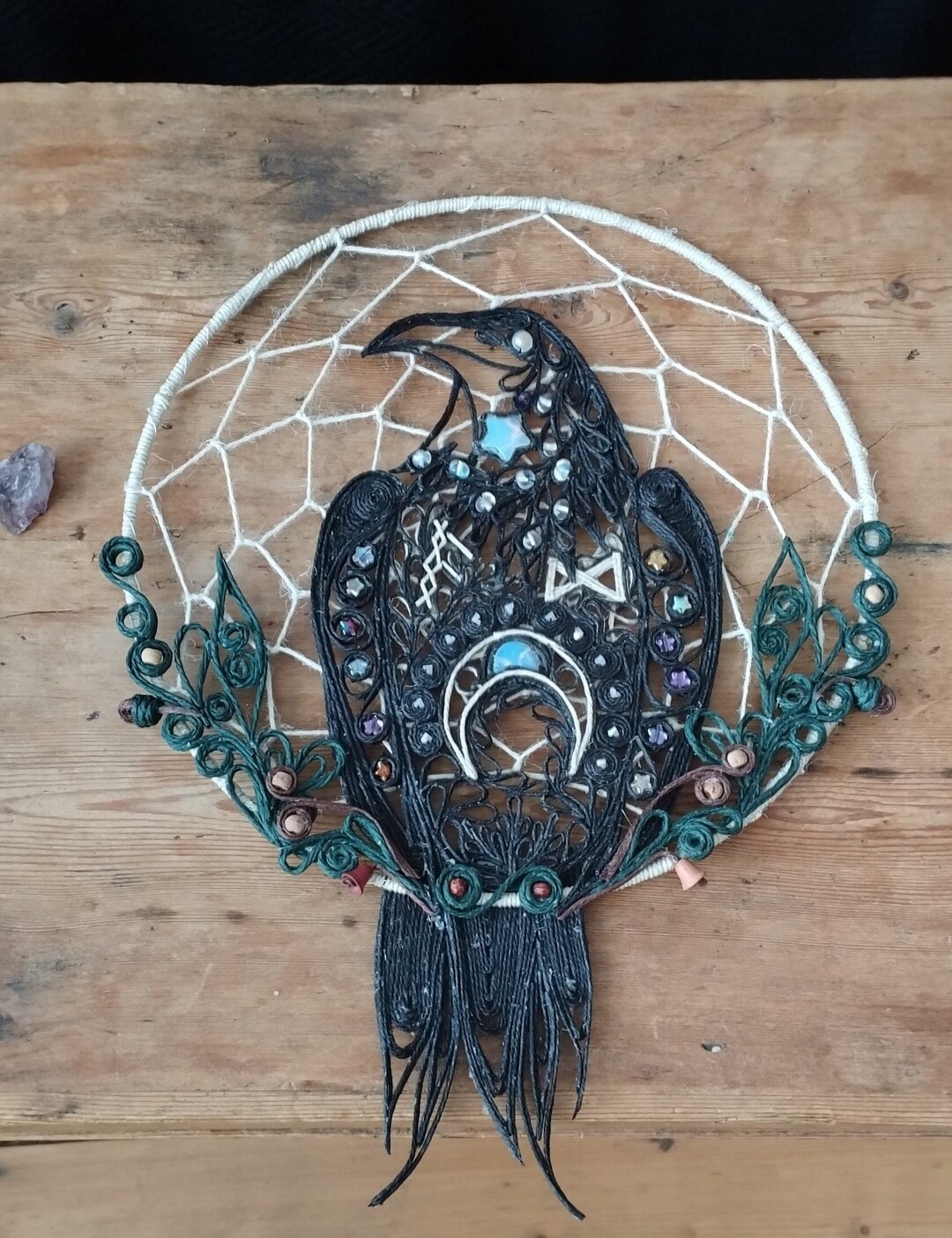 Black Raven Dream Catcher Gloving in the Dark - Handcrafted Jute ...