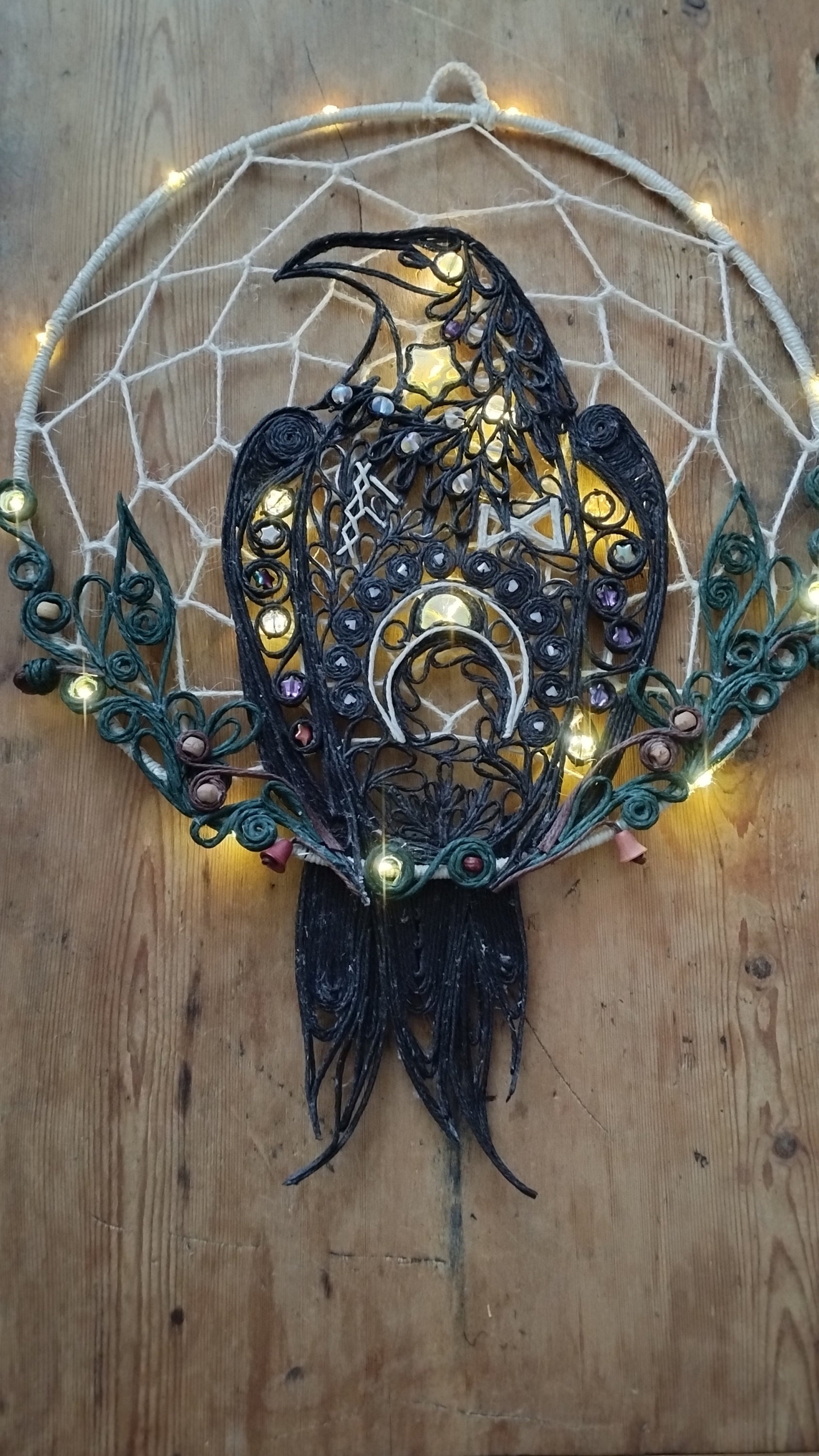 Black Raven Dream Catcher Gloving in the Dark - Handcrafted Jute ...