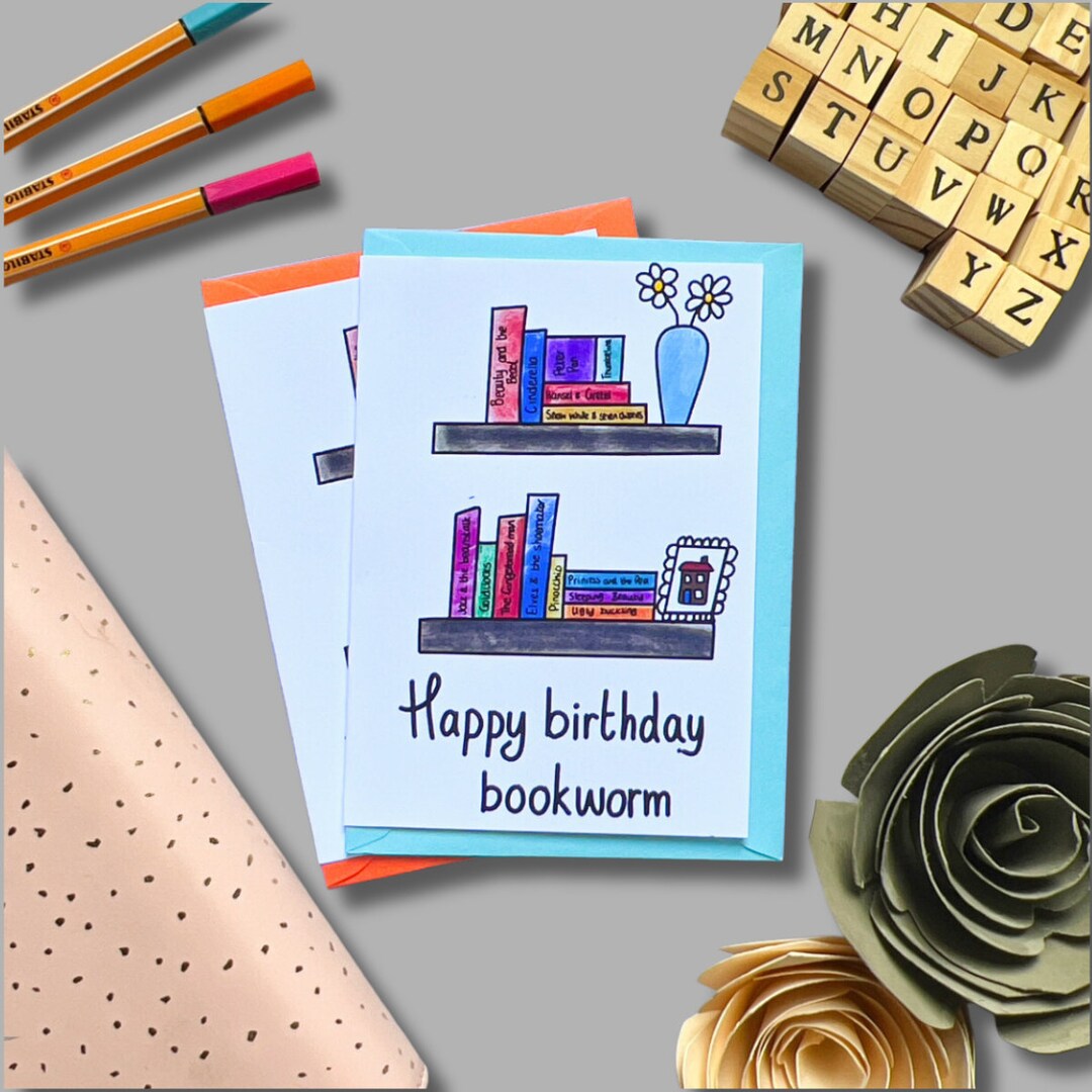Bookworm Birthday Card, Book Love Birthday Card, Card for a Friend ...