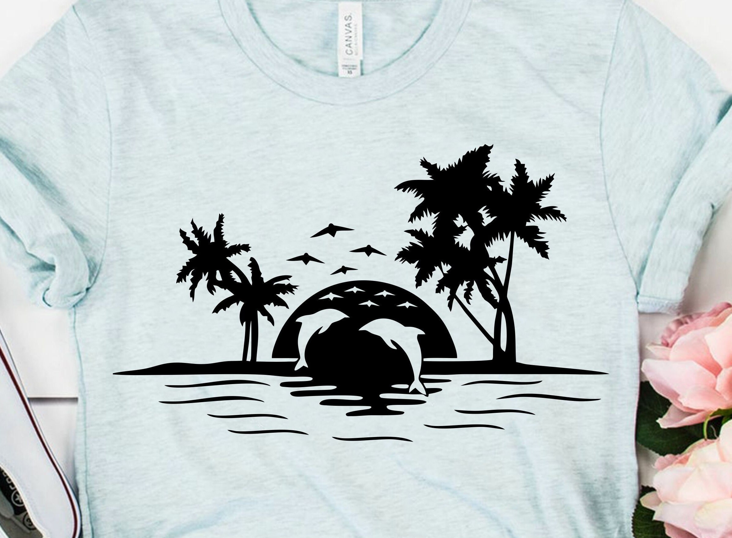 Beach and Dolphins SVG Palm Tree Sunset Scene Svg Sea - Etsy