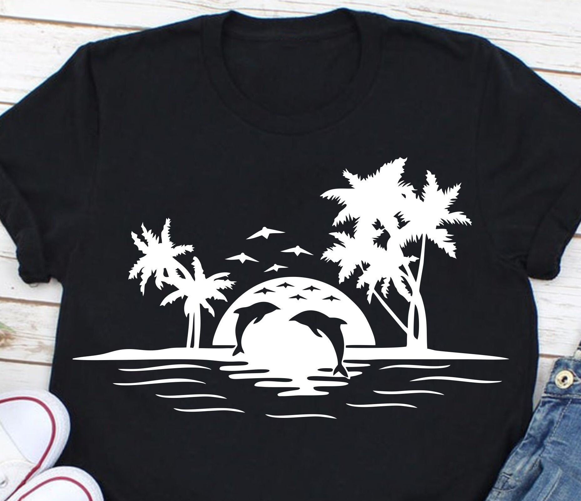 Beach and Dolphins SVG Palm Tree Sunset Scene Svg Sea - Etsy