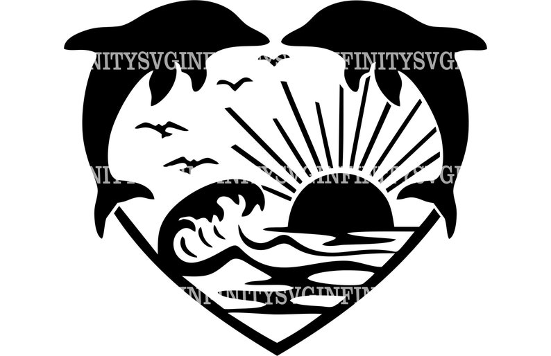 Dolphins Sun Heart SVG Sunset Scene SVG Sunshine Jumping - Etsy