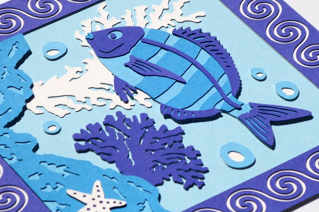 Blue Fish Collage, Coral and Seaweed Painting, Blue Monochrome Wall Art ...