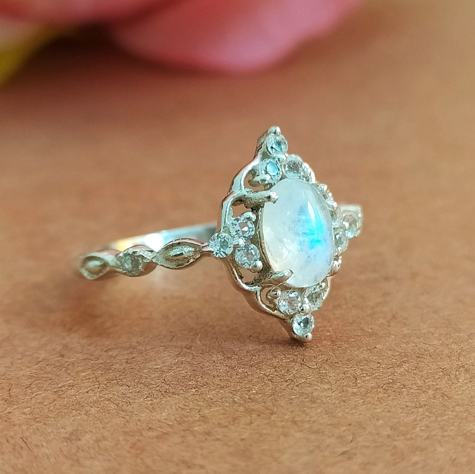 Unique Moonstone Vintage Engagement Ring-blue Flashy Moonstone - Etsy