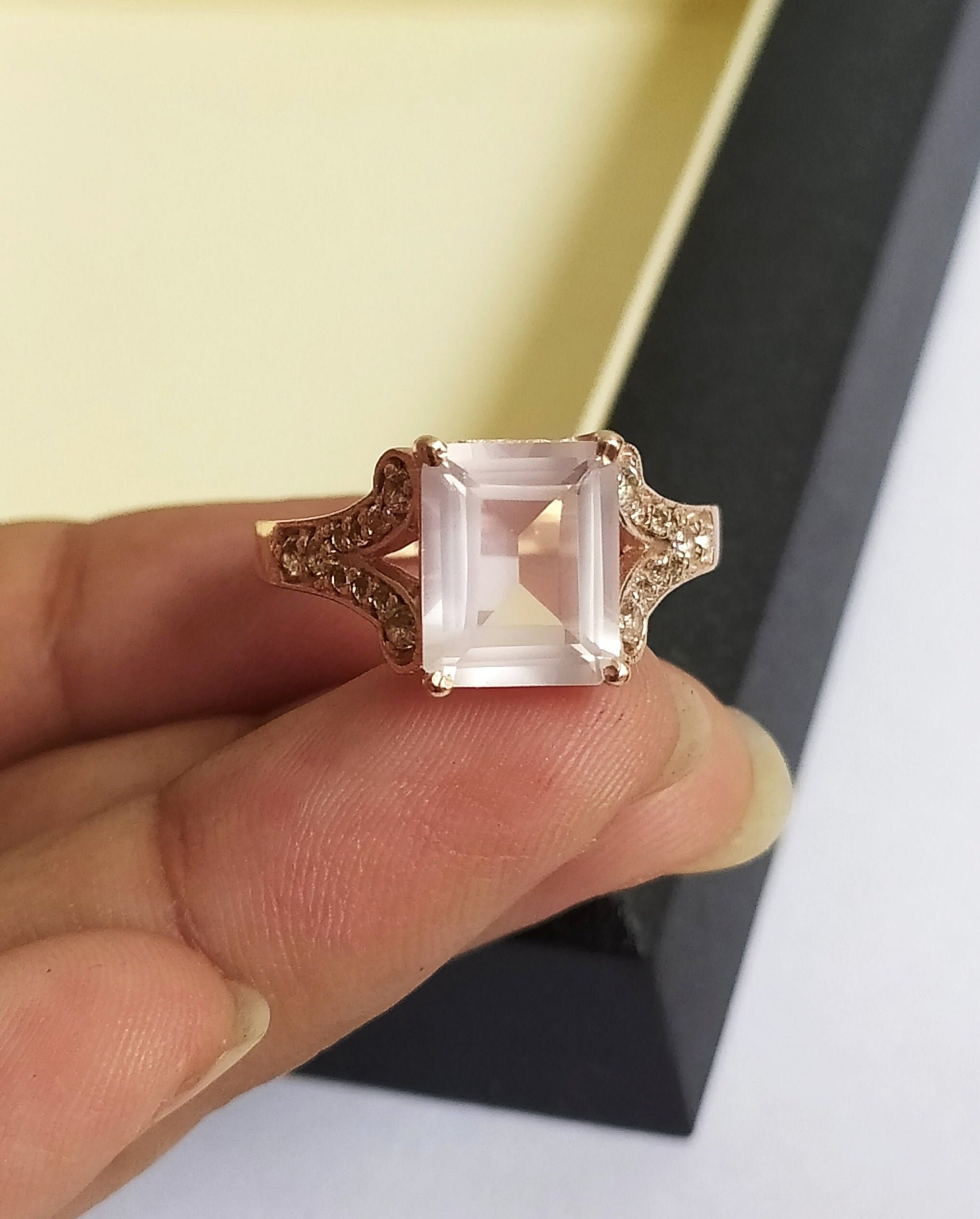 Stunning Rose Quartz Engagement Ring-emerald Cut Rose Quartz - Etsy
