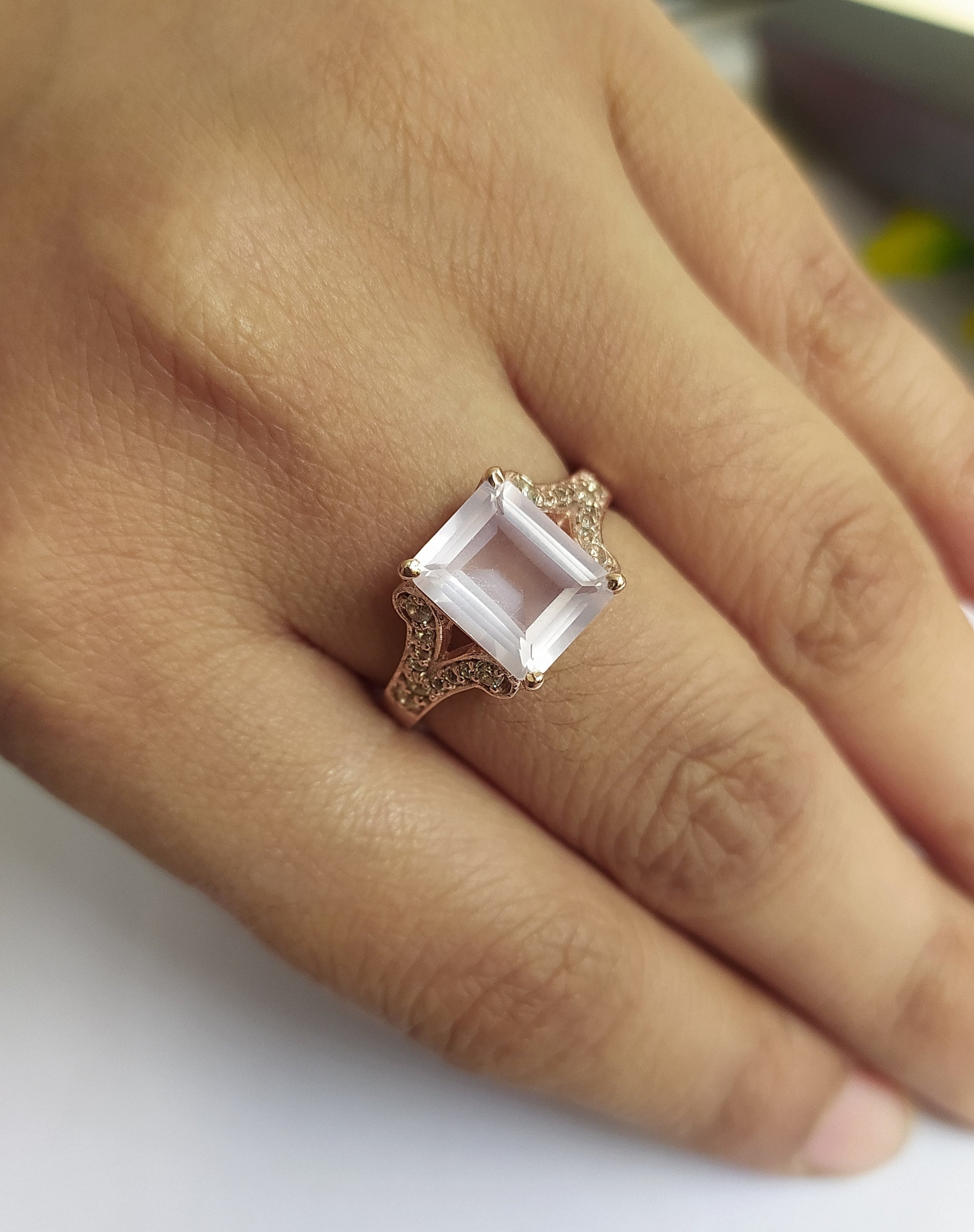 Stunning Rose Quartz Engagement Ring-emerald Cut Rose Quartz - Etsy