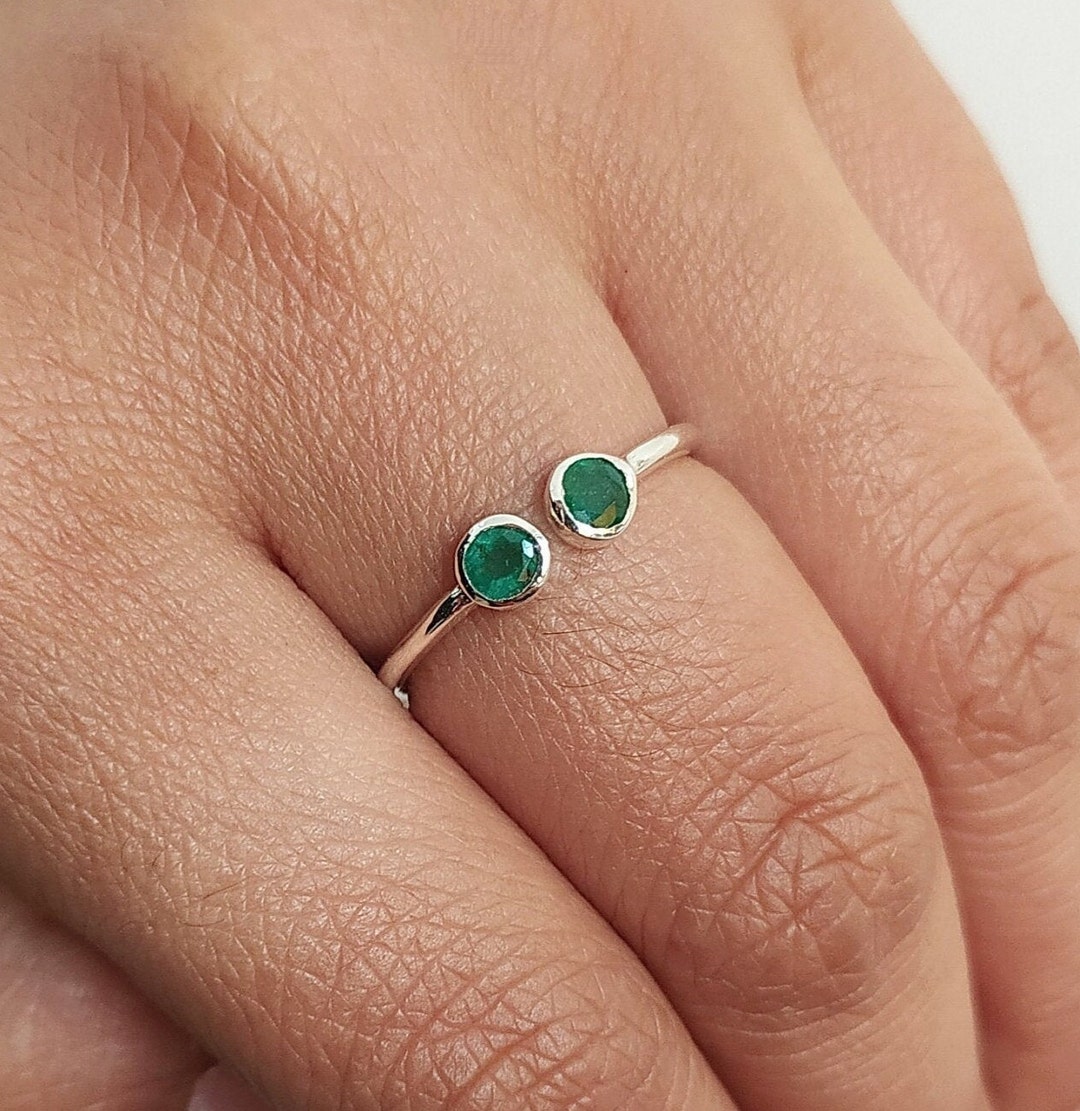 Minimalist Emerald Two Stone Ring-green Emerald Birthstone Ring-emerald Adjustable Ring-emerald ...