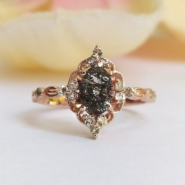 Natural Black Rutile Quartz Vintage Engagement Ring Black Rutilated ...