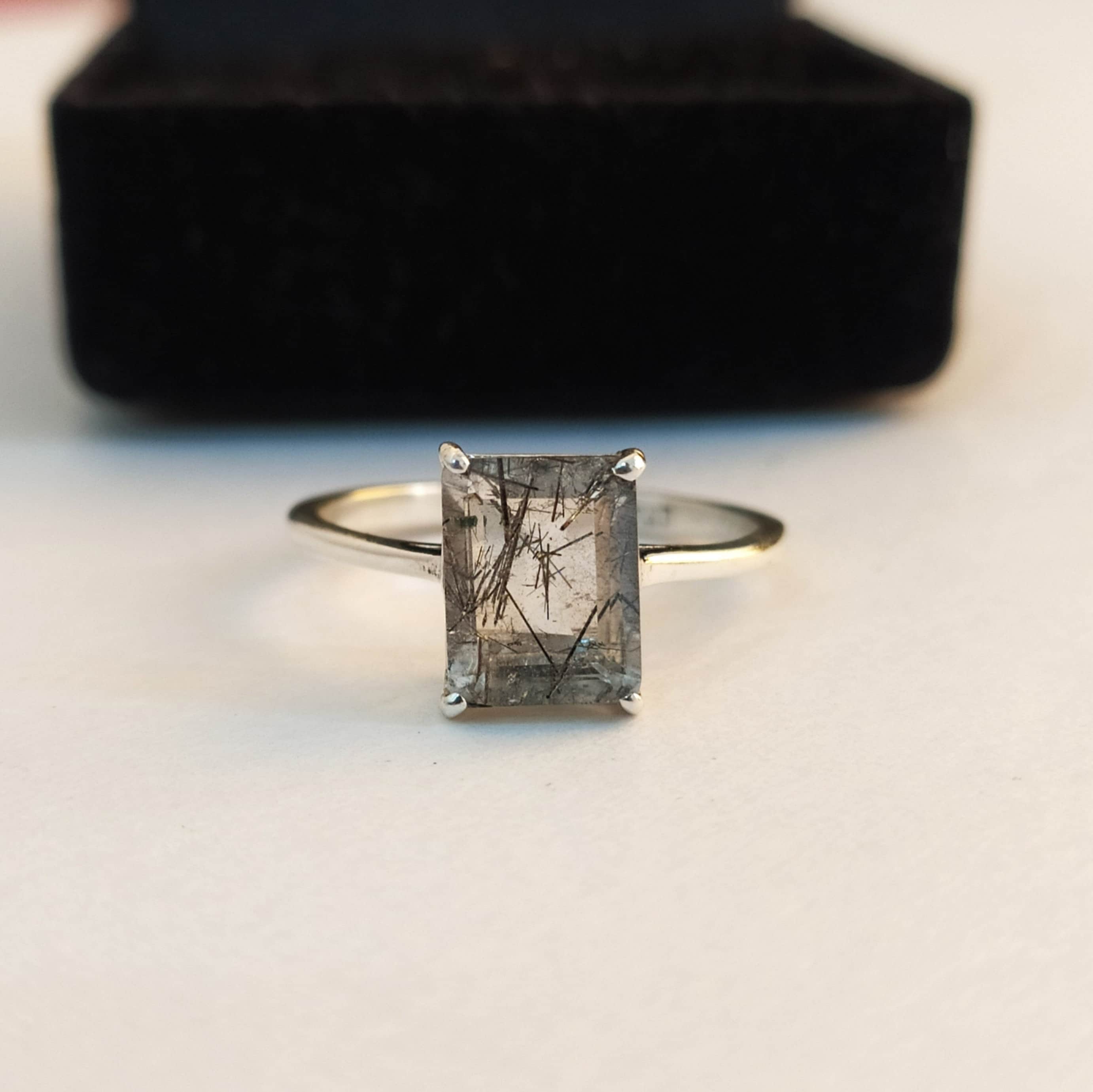 Black Rutile Quartz Solitaire Ring-emerald Cut Black Rutilated - Etsy ...