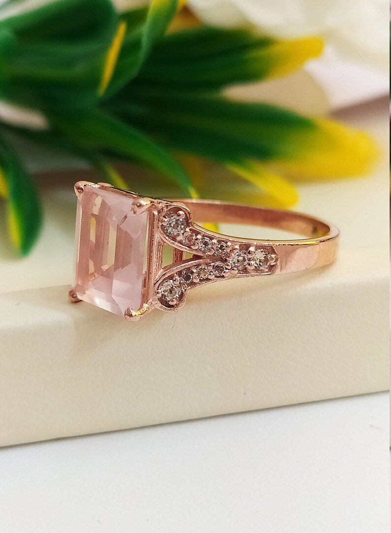 Stunning Rose Quartz Engagement Ring-emerald Cut Rose Quartz - Etsy
