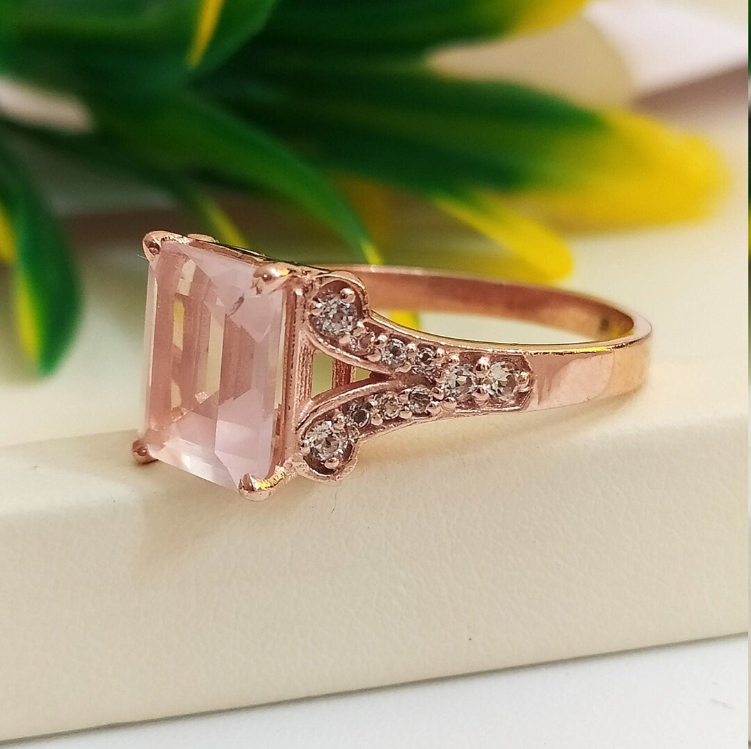 Stunning Rose Quartz Engagement Ring-emerald Cut Rose Quartz Vintage Ring-rose Quartz Statement ...