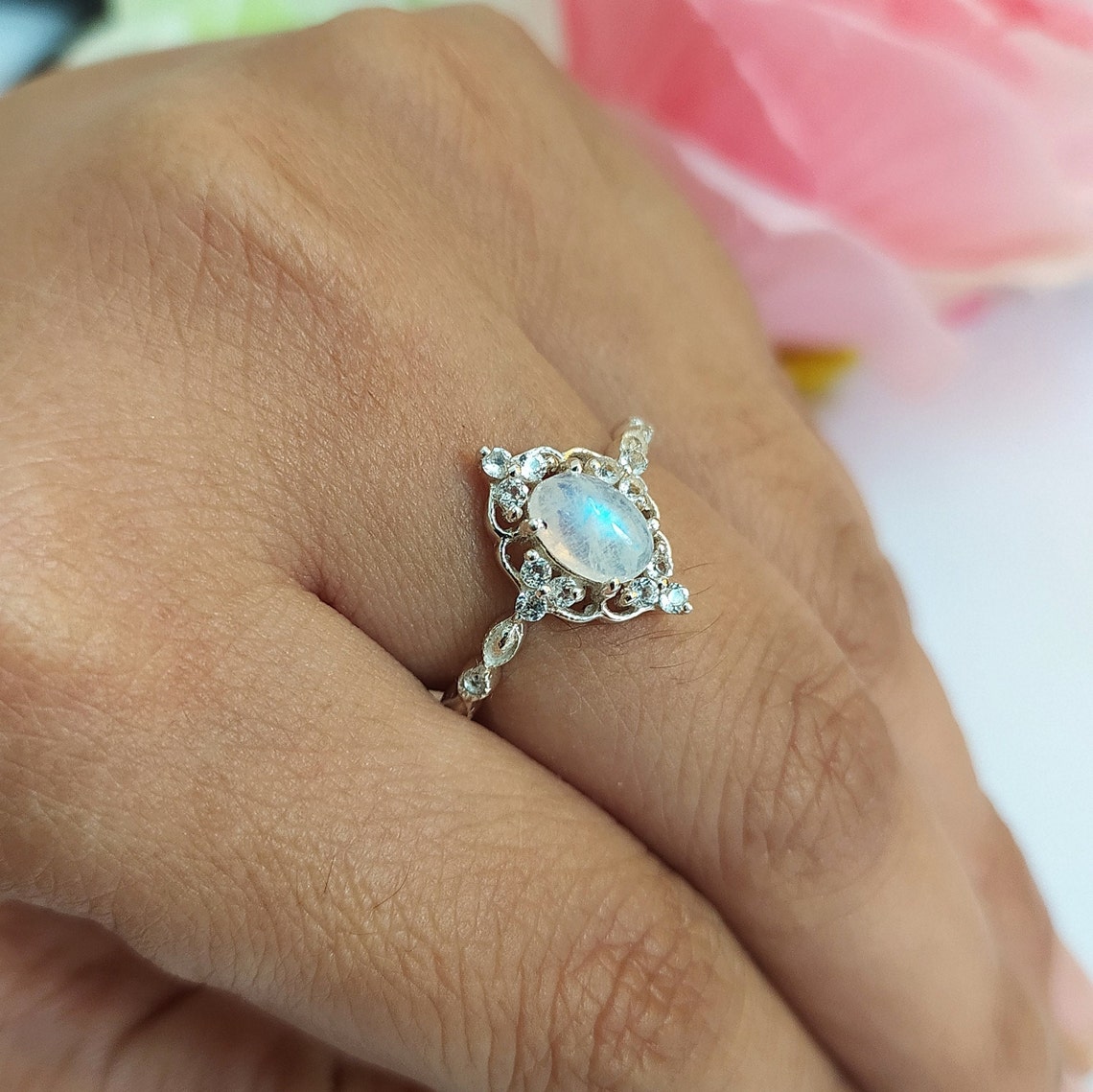 Unique Moonstone Vintage Engagement Ring-blue Flashy Moonstone - Etsy