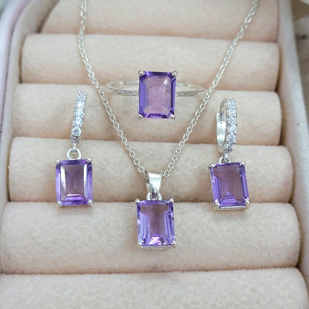 Amethyst Jewelry Set: Sterling Silver Ring, Earrings & Pendant ...