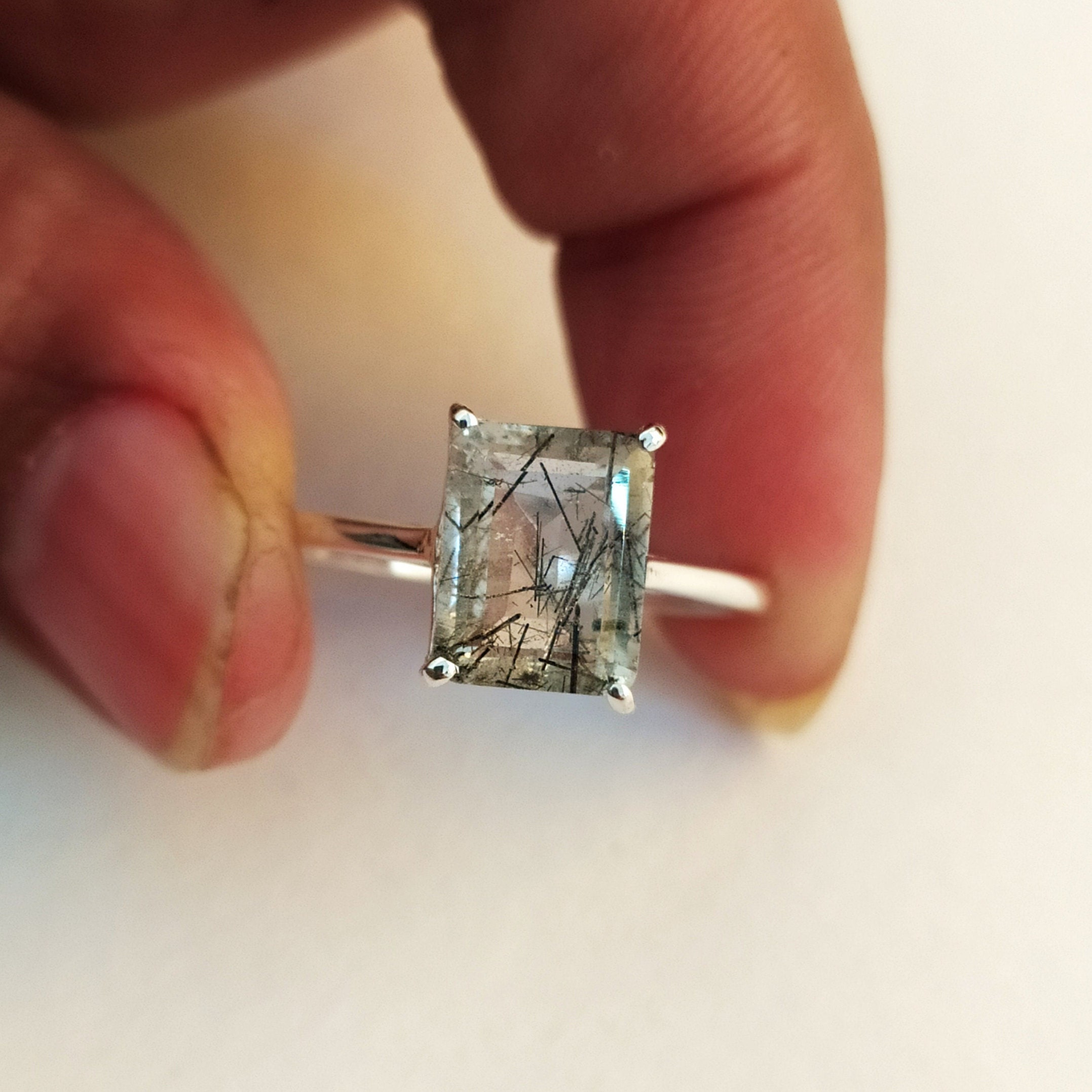 Black Rutile Quartz Solitaire Ring-emerald Cut Black Rutilated - Etsy UK