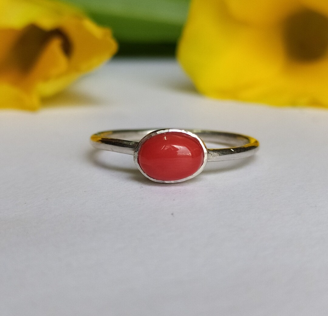 Natural Coral Stackable Ring-coral Birthstone Bezel Ring-red Coral ...