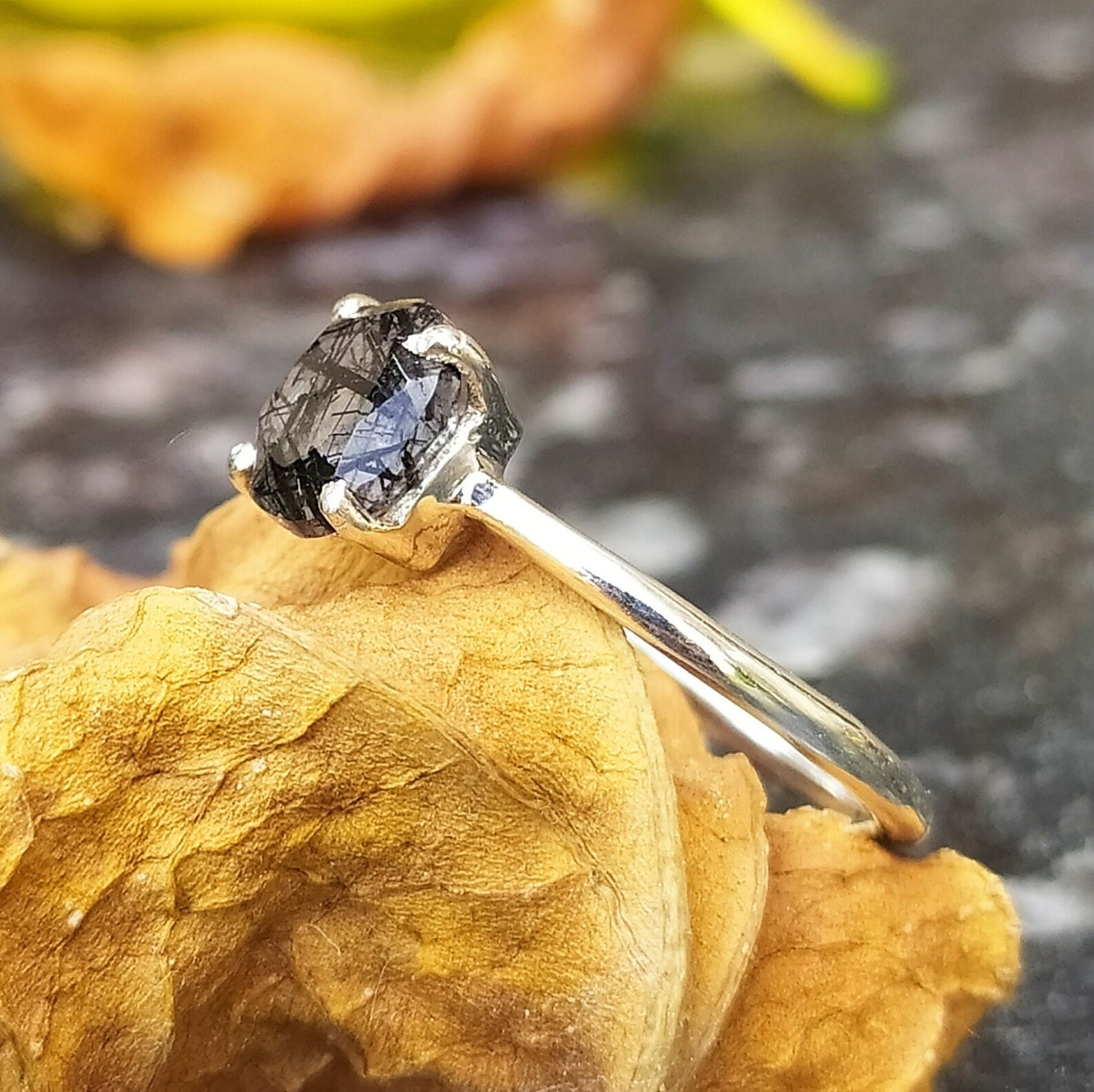 Black Rutile Quartz Solitaire Ring-round Cut Black Rutilated - Etsy