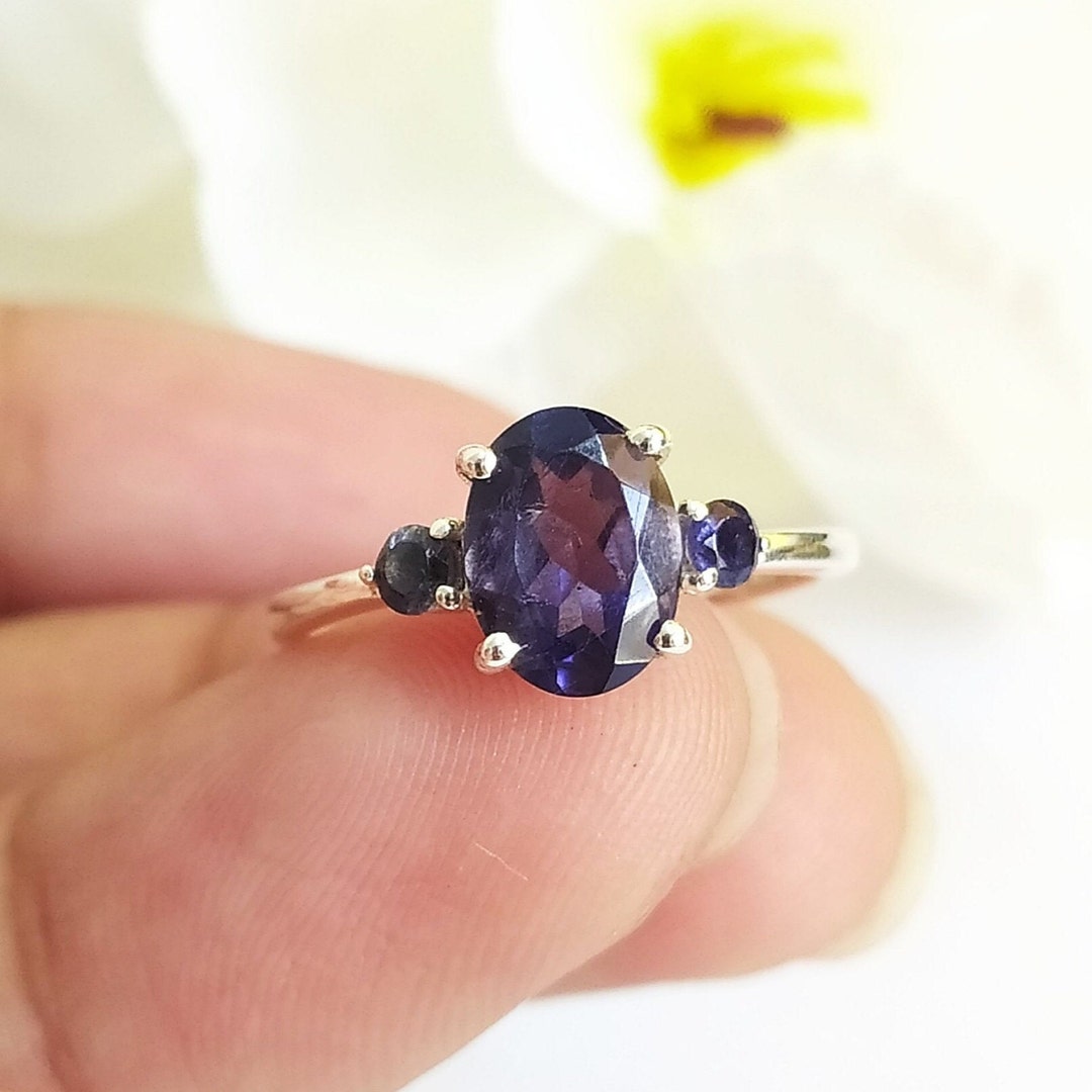 Unique Iolite Solitaire Ring-iolite Three Stone Wedding Ring-blue ...