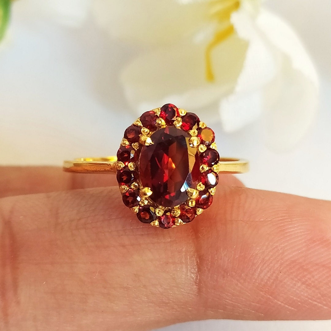 Red Garnet Cluster Ring: Sterling Silver Halo, Mozambique Gemstone - Etsy