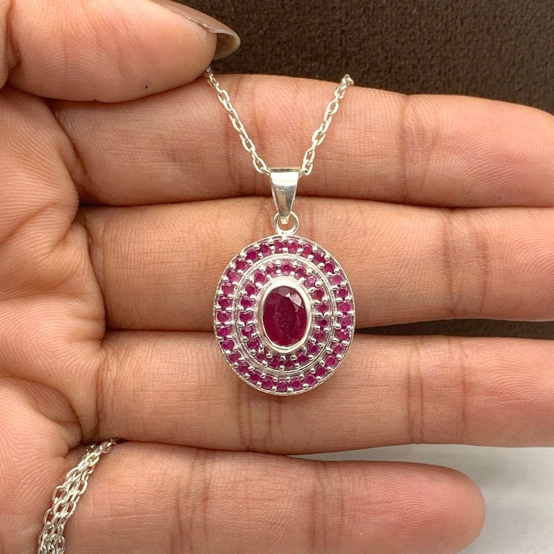 Dainty Ruby Oval Necklace-july Birthstone Pendant-natural Ruby Silver ...