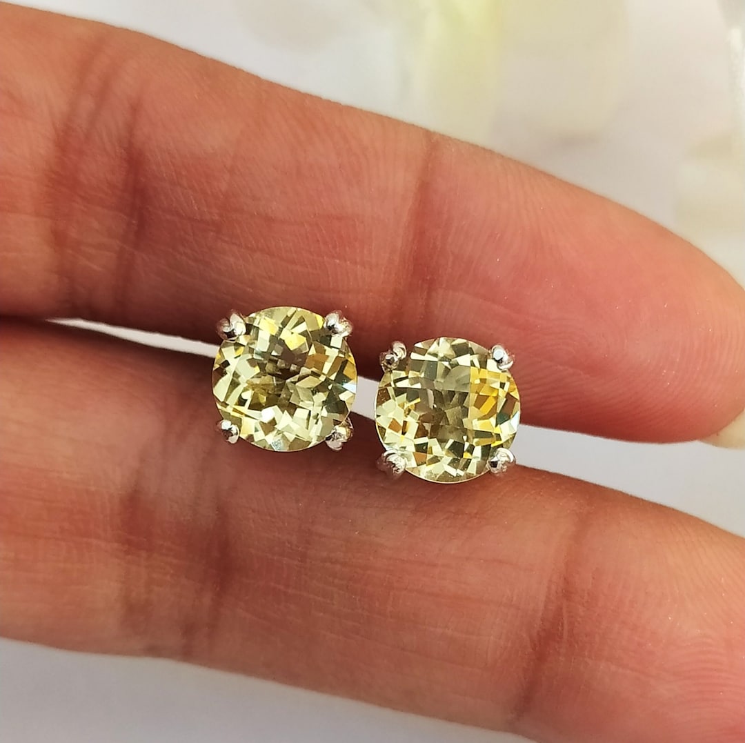 Dainty Lemon Quartz Sterling Silver Studs: Fine Vintage Earrings - Etsy