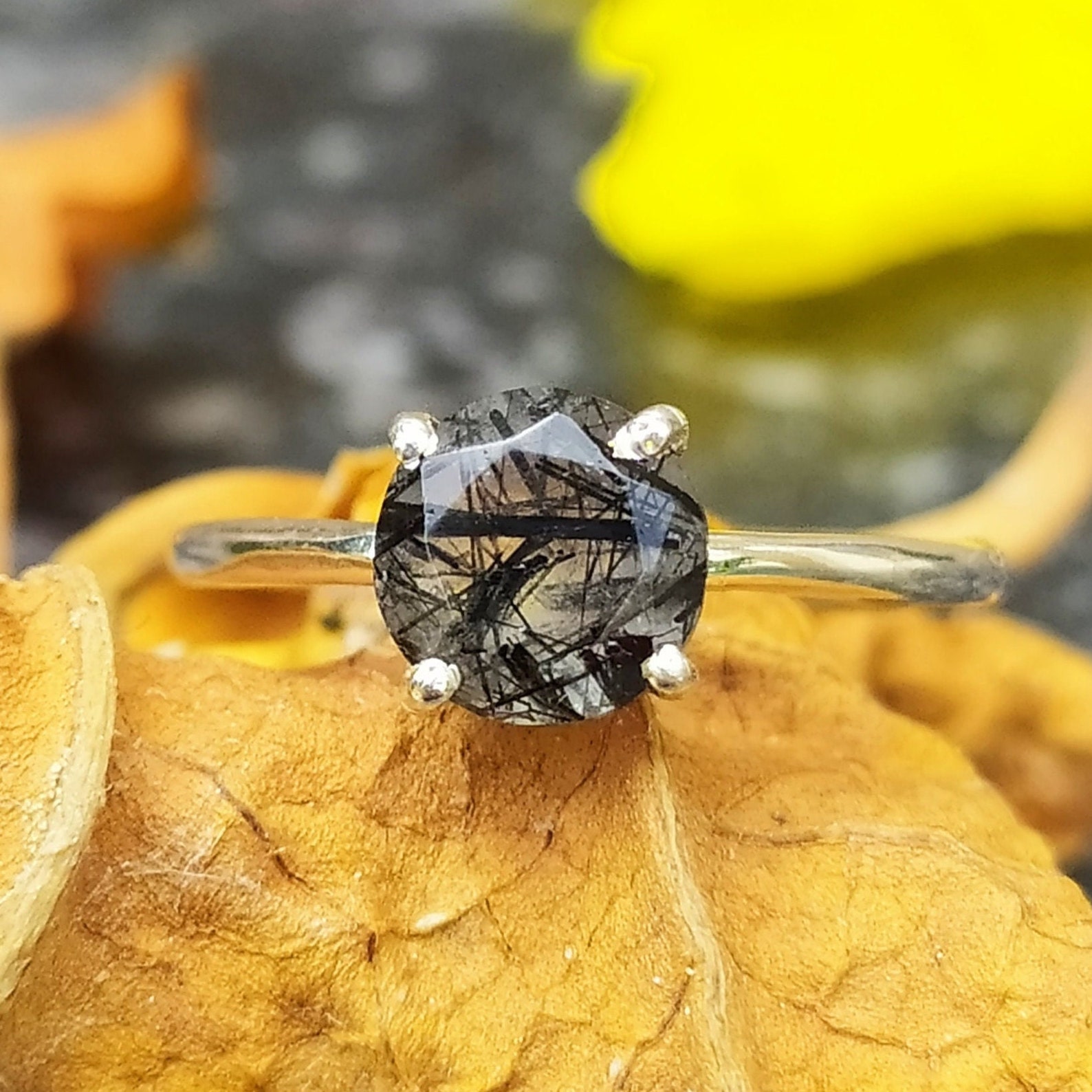 Black Rutile Quartz Solitaire Ring-round Cut Black Rutilated - Etsy
