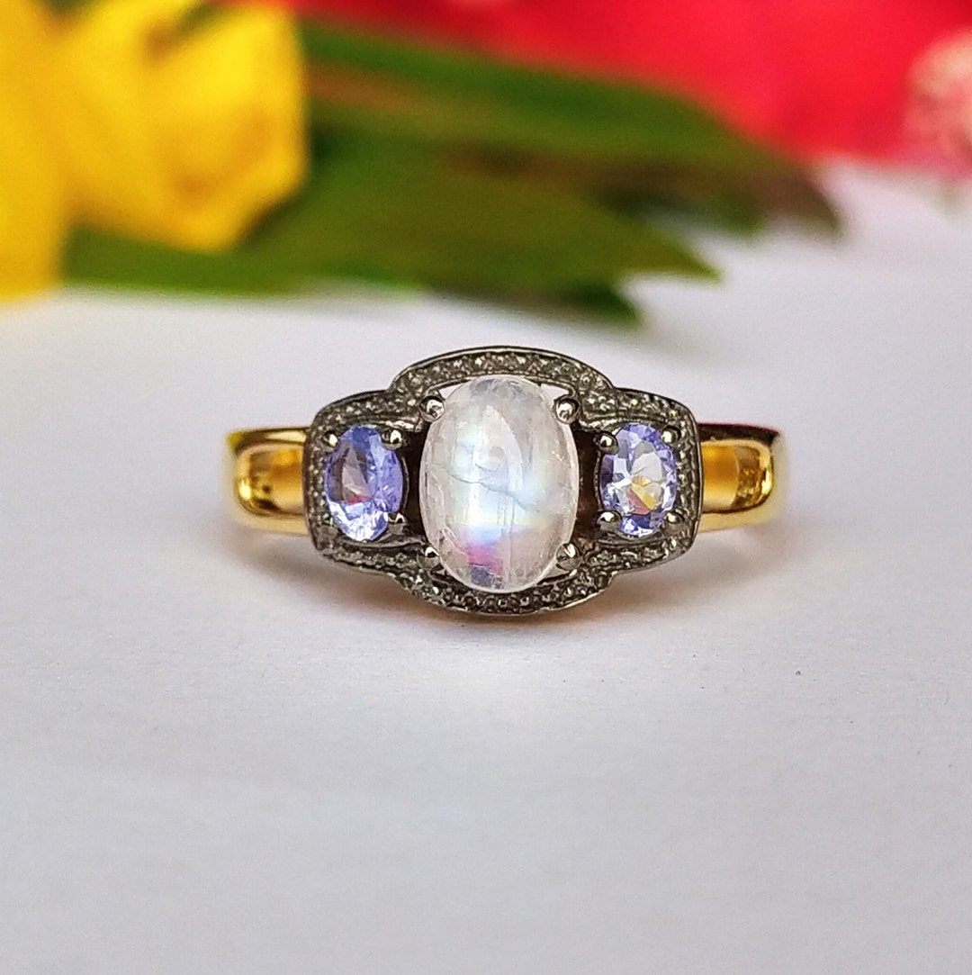 Blue Flashy Moonstone & Tanzanite Vintage Ring Gold-unique Moonstone ...