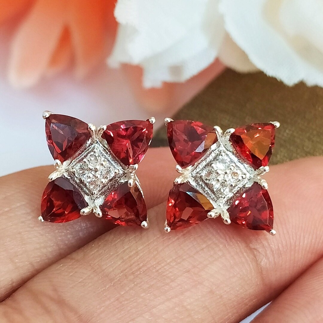 Sterling Silver Garnet Stud Earrings: Trillian Cut Red Gemstone - Etsy