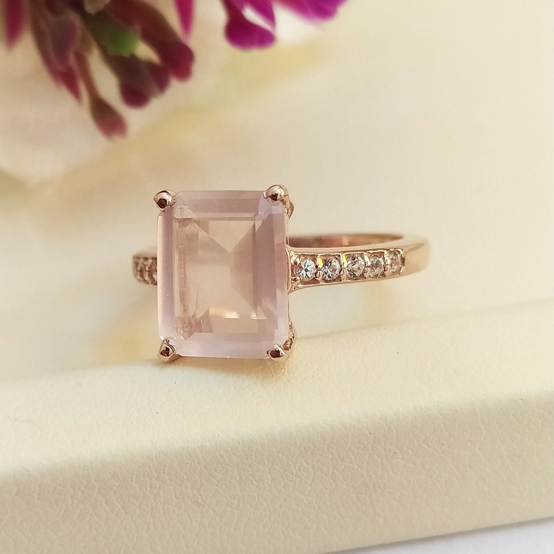 Rose Quartz Engagement Ring-emerald Cut Rose Quartz Wedding Ring-rose ...