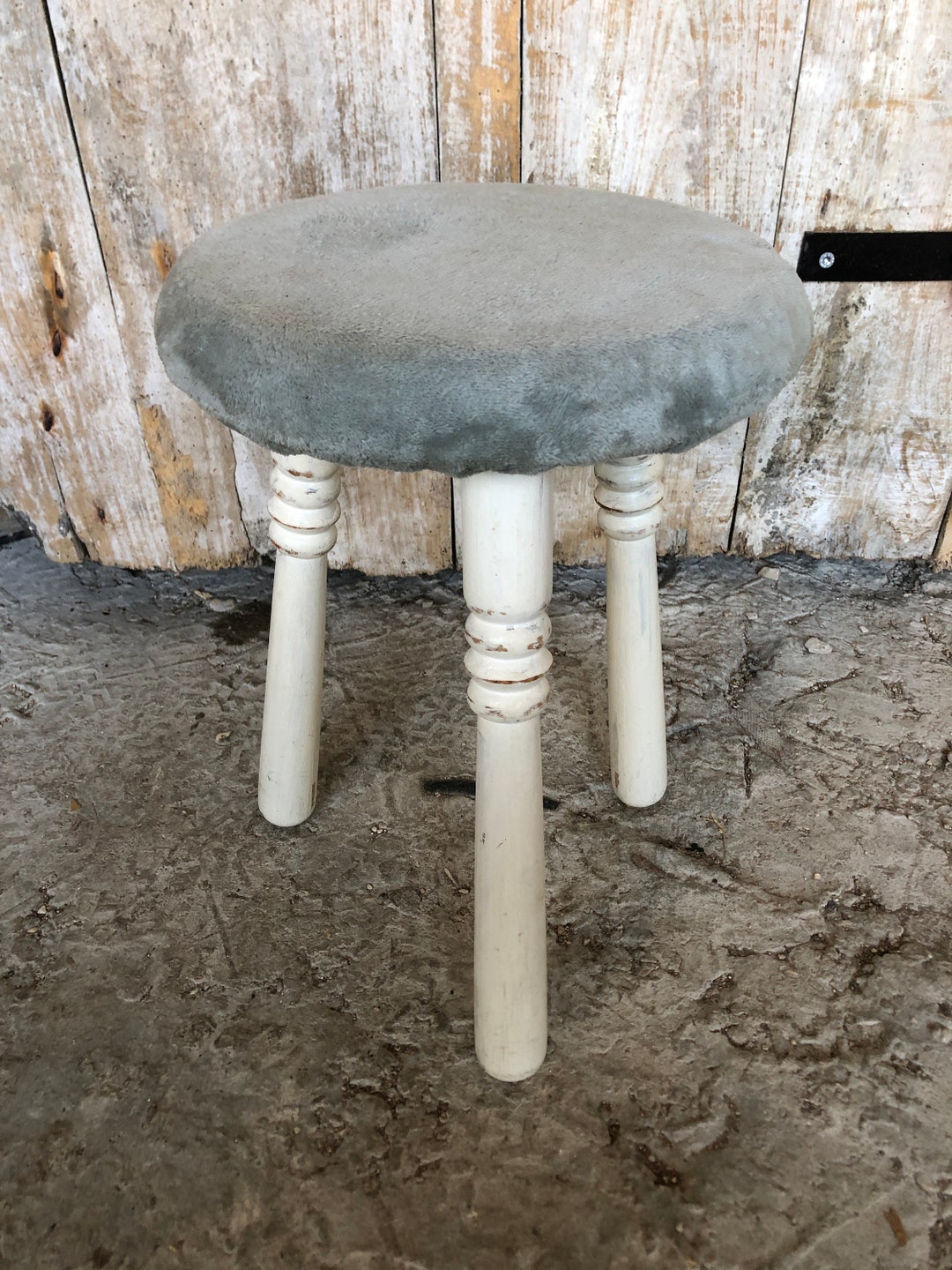 White Wood Tripod Milking Stool Vintage Blue Gray Velvet Seat A292 - Etsy