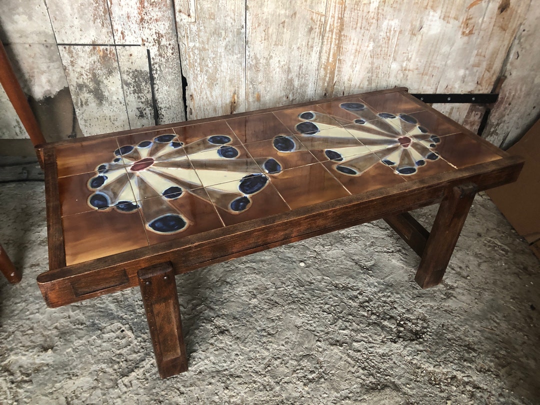Old 70s Coffee Table Wood Vintage Painted Ceramic Tiles A608 - Etsy