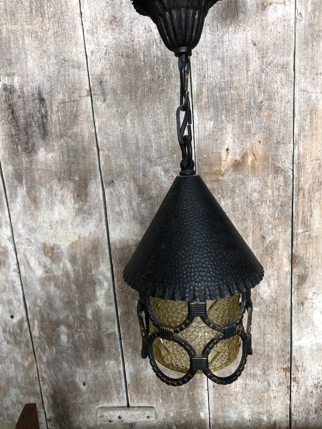 Old Round Lantern Pendant Light Black Wrought Iron Vintage Molded Glass ...