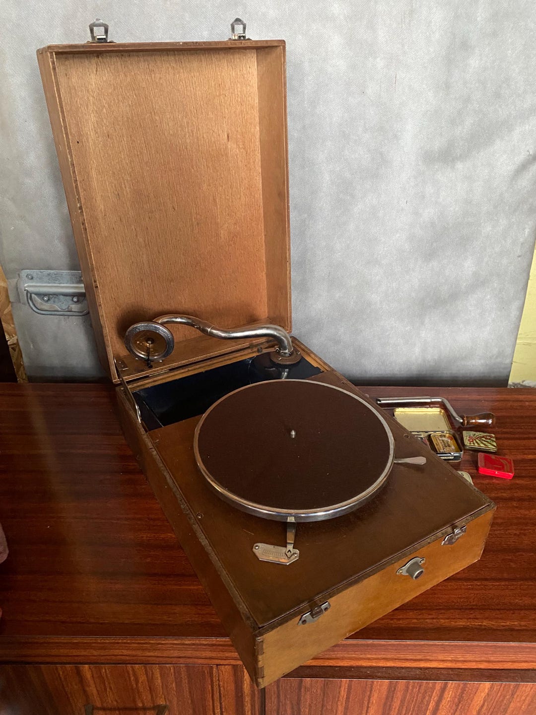 Old PATHE Record Player Gravophone With Hand Crank Wooden Case ...