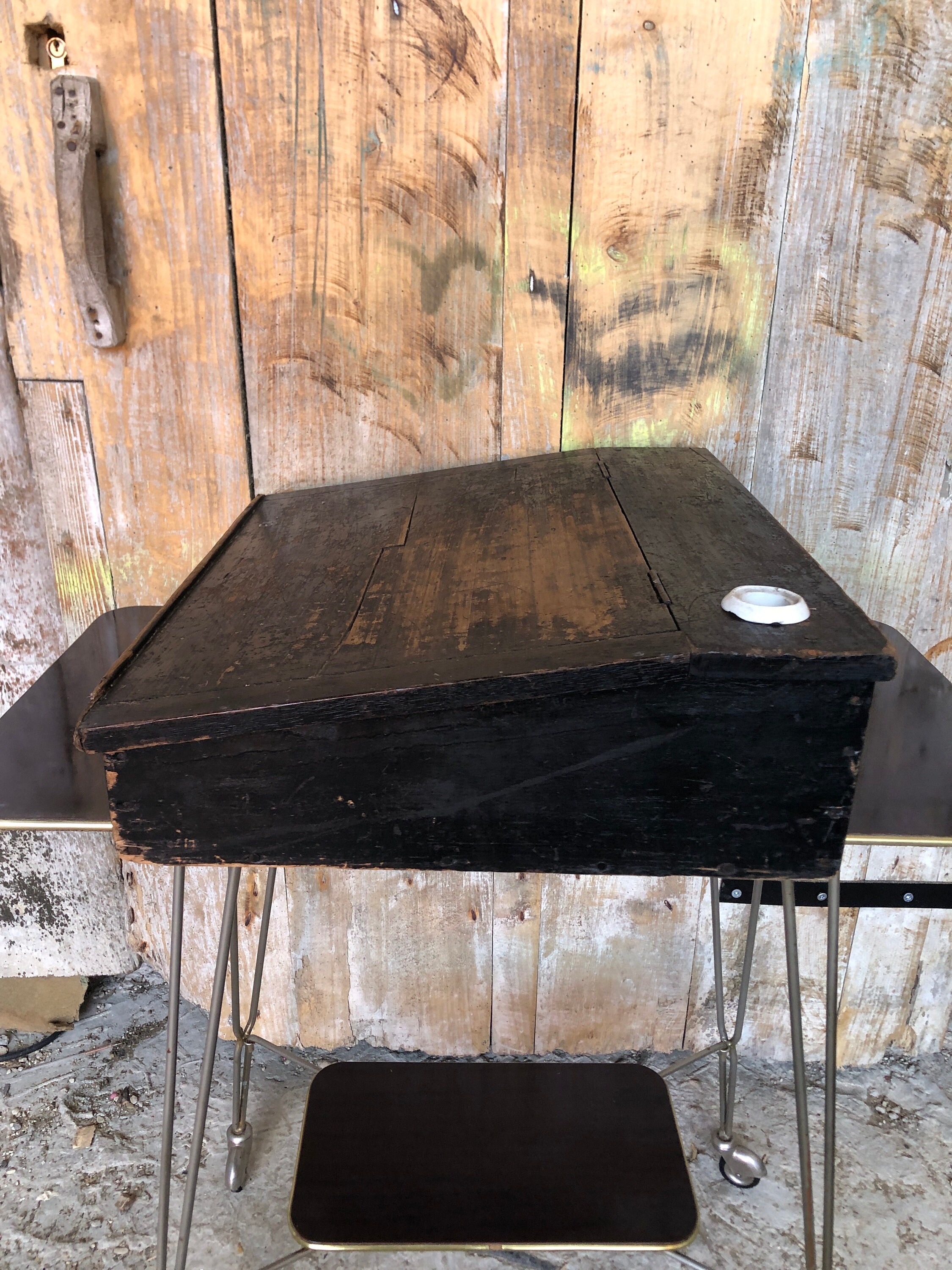 Ancien Ecritoire à poser en Bois Noir & Encrier Porcelaine Vintage A066 ...