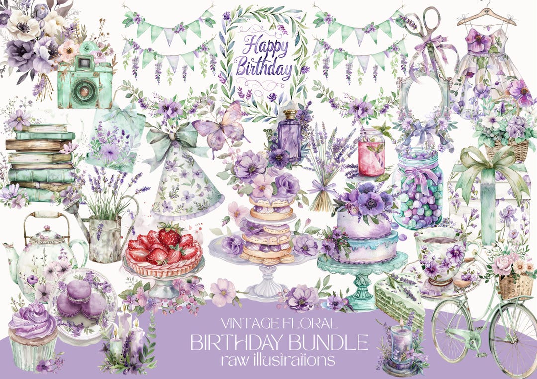 Floral Birthday Party Clipart Bundle: 30 Digital Illustrations (digital ...