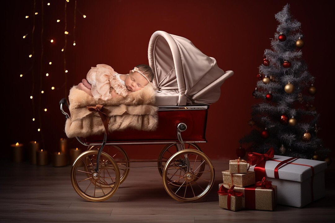 Newborn Christmas Pram Baby Digital Background Xmas Backdrop Festive ...
