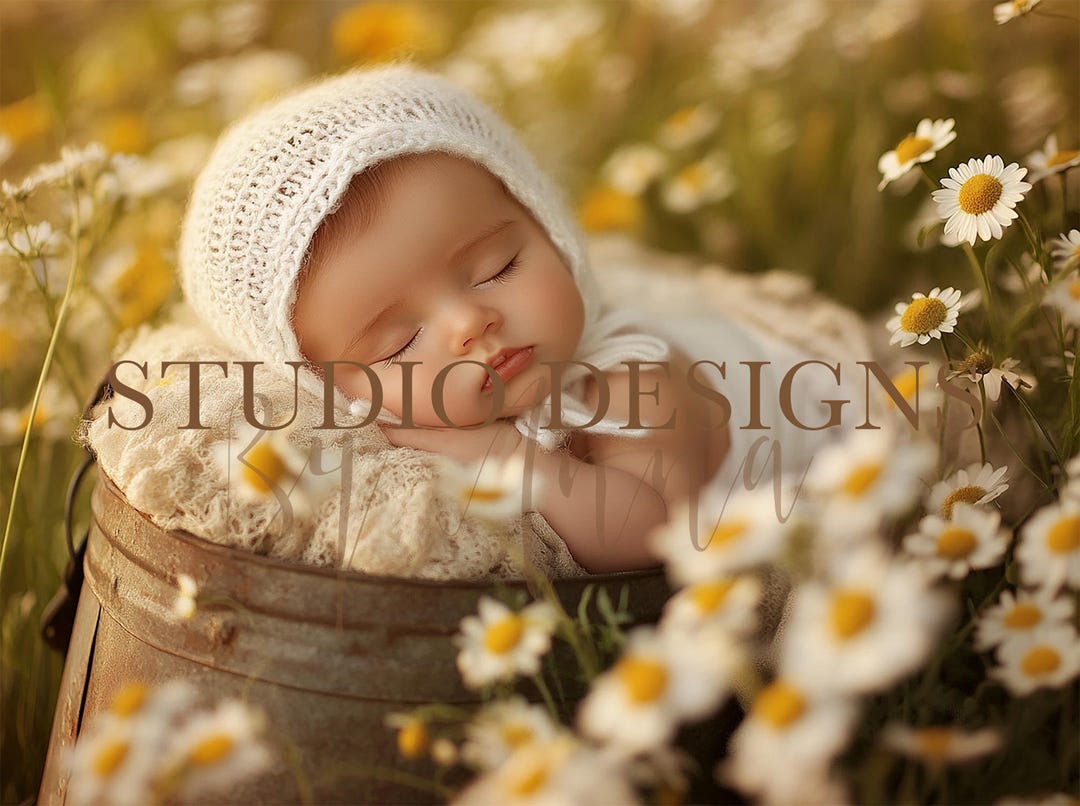 Digital Backdrop Newborn Yellow Floral Field Digital Photo Prop Basket ...
