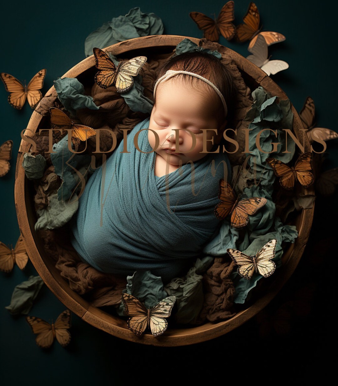 Digital Backdrop Newborn Butterfly Wings Floral Basket, Newborn Digital ...